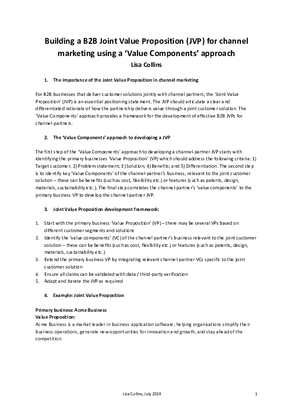 (PDF) Building a B2B Joint Value Proposition (JVP) for channel ...