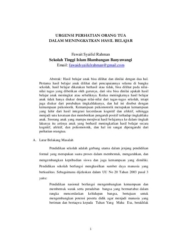 (PDF) URGENSI PERHATIAN ORANG TUA DALAM MENINGKATKAN HASIL BELAJAR