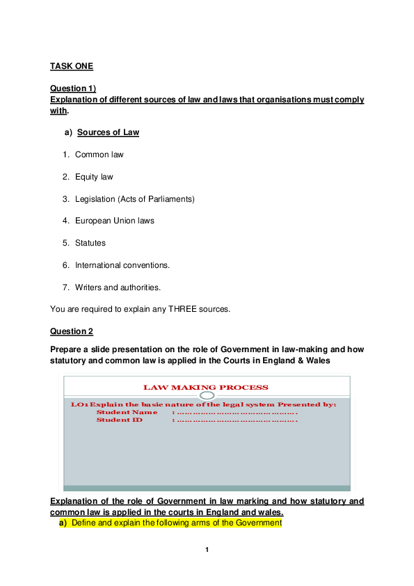 (DOC) TASK ONE Question 1) Explanation of different sources of law and ...