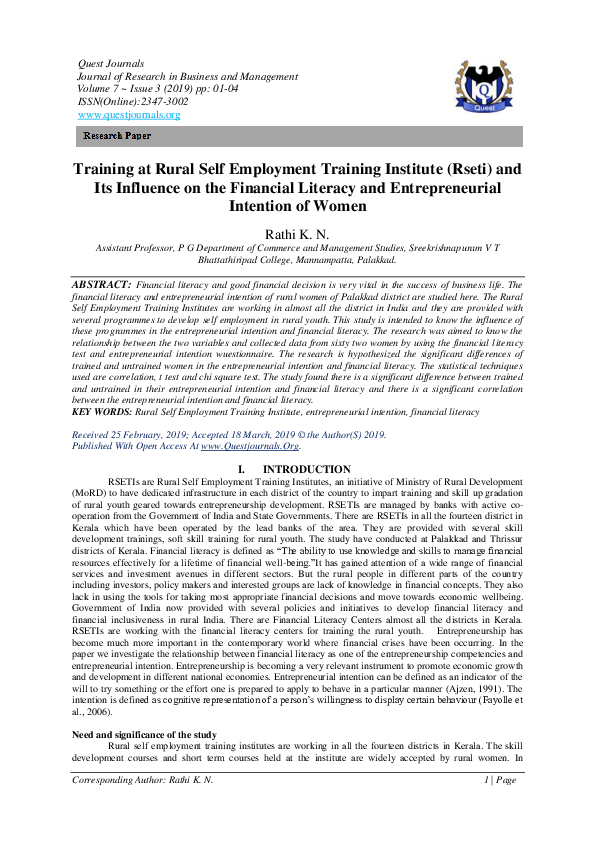 (PDF) Training at Rural Self Employment Training Institute (Rseti) and ...