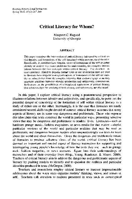 (PDF) Critical Literacy for Whom?