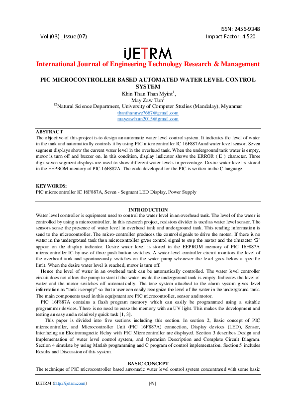 Pdf Pic Microcontroller Based Automated Water Level Control System