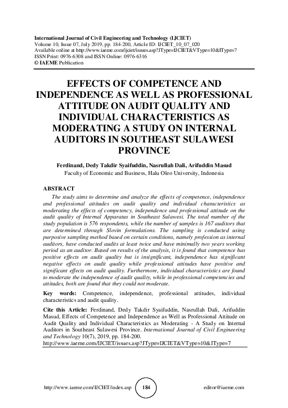 (PDF) EFFECTS OF COMPETENCE AND INDEPENDENCE AS WELL AS PROFESSIONAL ATTITUDE ON AUDIT QUALITY ...