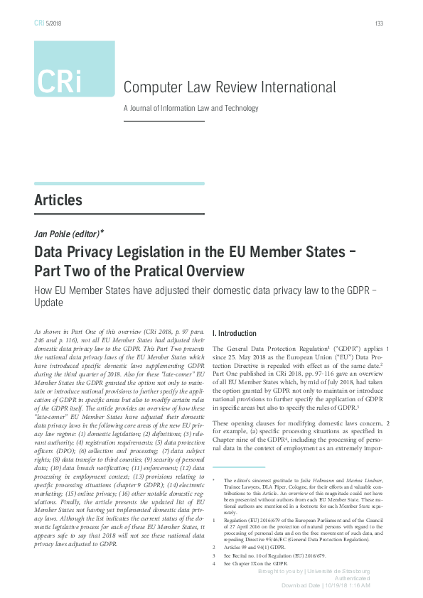 (PDF) Data Privacy Legislation in the EU Member States – Part Two of ...