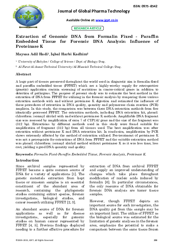 Pdf Extraction Of Genomic Dna From Formalin Fixed Paraffin Embedded Tissue For Forensic Dna