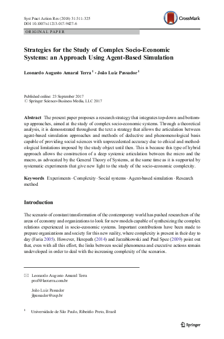 (PDF) Strategies for the Study of Complex Socio-Economic Systems: an Approach Using Agent-Based ...
