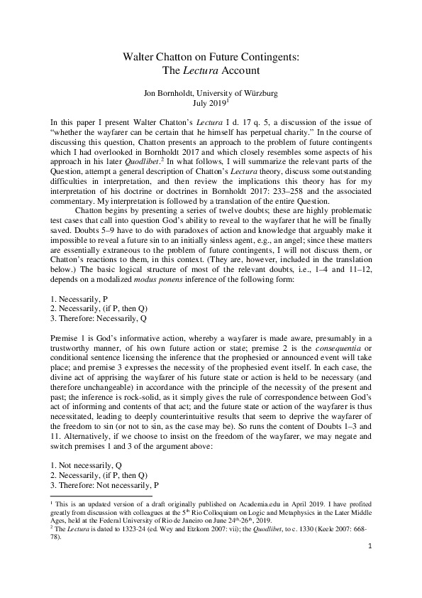 (PDF) Walter Chatton on Future Contingents: The Lectura Account