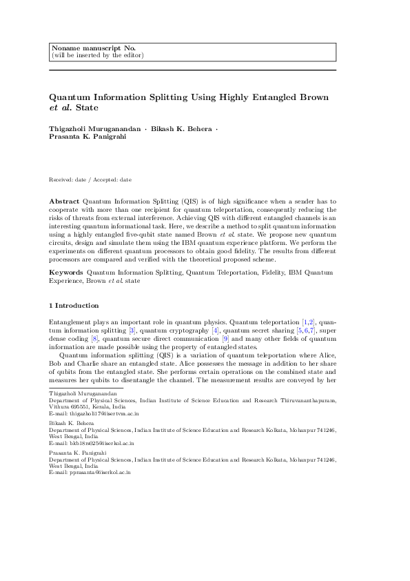 (PDF) Quantum Information Splitting Using Highly Entangled Brown et al. State
