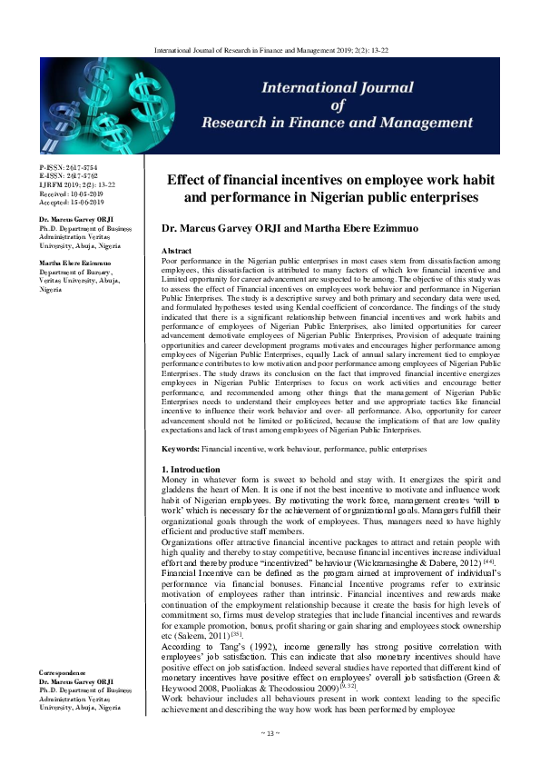 (PDF) Effect of financial incentives on employee work habit and ...