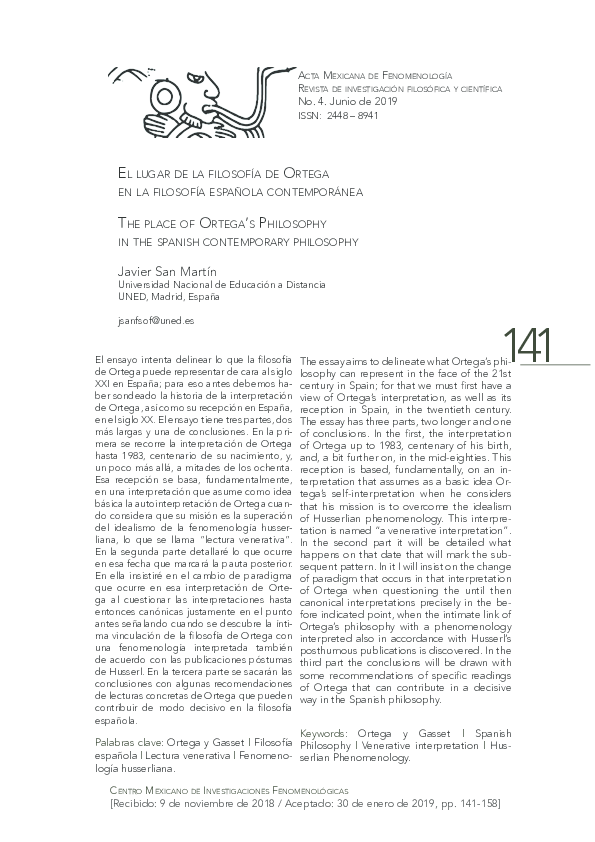 (PDF) AMF Javier San Martin El lugar de la filosofia de Ortega