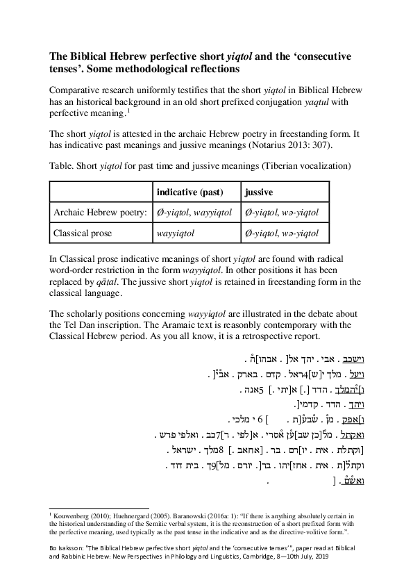 (PDF) “The Biblical Hebrew perfective short yiqtol and the ‘consecutive tenses’. Some ...
