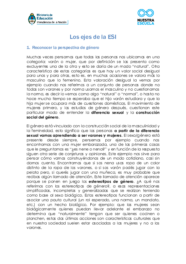 (PDF) Los ejes de la ESI 1. Reconocer la perspectiva de género