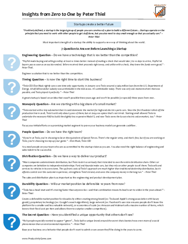 (PDF) Insights from Zero to One by Peter Thiel