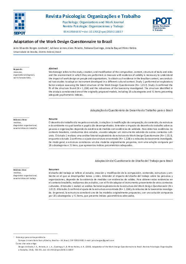 (PDF) Adaptation of the Work Design Questionnaire to Brazil
