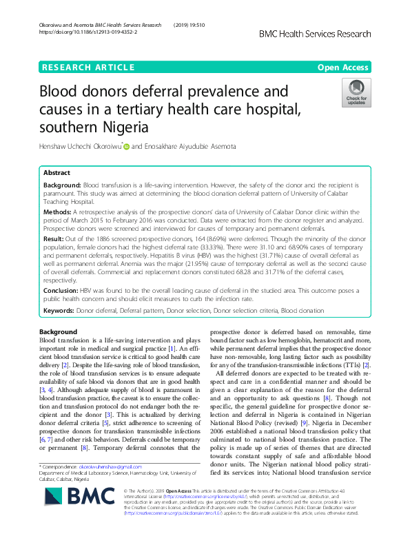 (PDF) Blood donors deferral prevalence and causes in a tertiary health ...