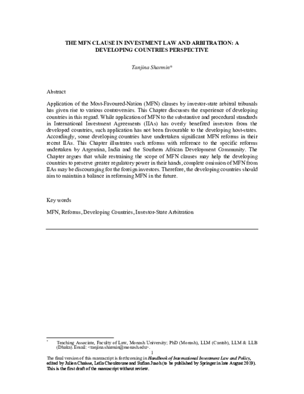 (PDF) THE MFN CLAUSE IN INVESTMENT LAW AND ARBITRATION: A DEVELOPING ...