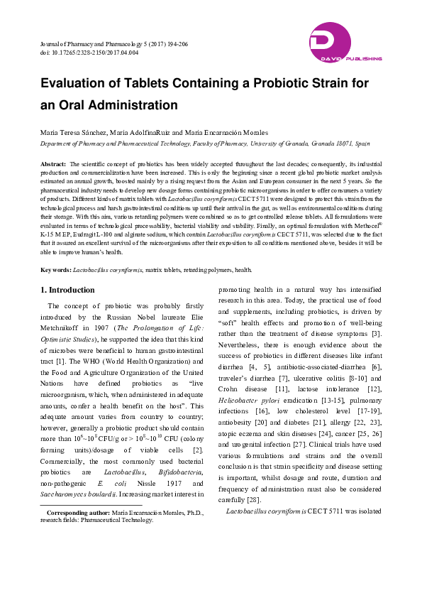 (PDF) Evaluation of Tablets Containing a Probiotic Strain for an Oral ...