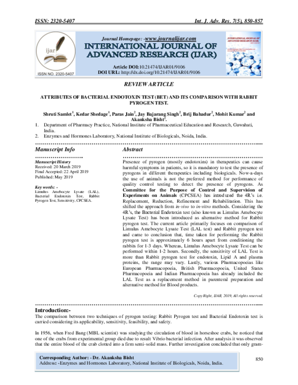 (PDF) ATTRIBUTES OF BACTERIAL ENDOTOXIN TEST (BET) AND ITS COMPARISON ...