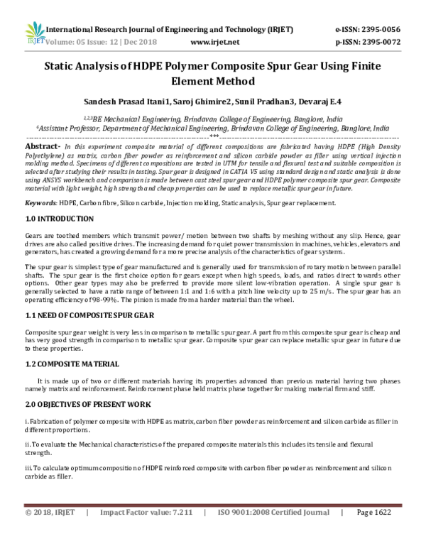 Pdf Static Analysis Of Hdpe Polymer Composite Spur Gear Using Finite Element Method