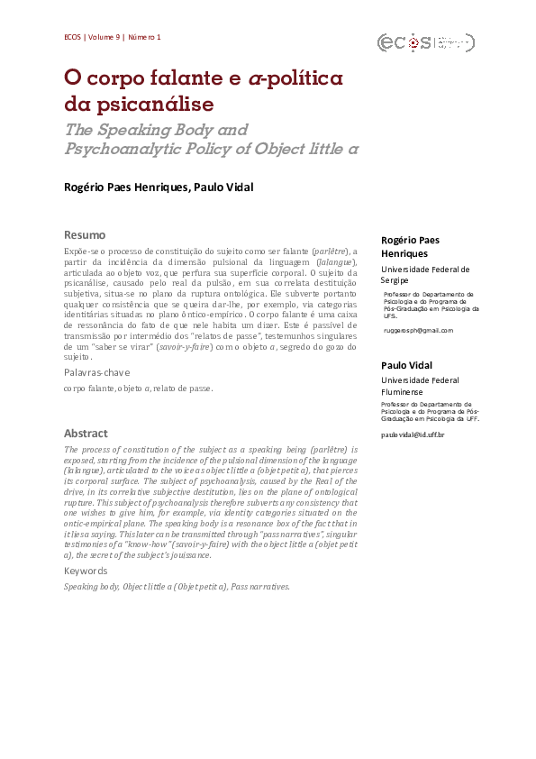 (PDF) O corpo falante e a-política da psicanálise [The Speaking Body ...