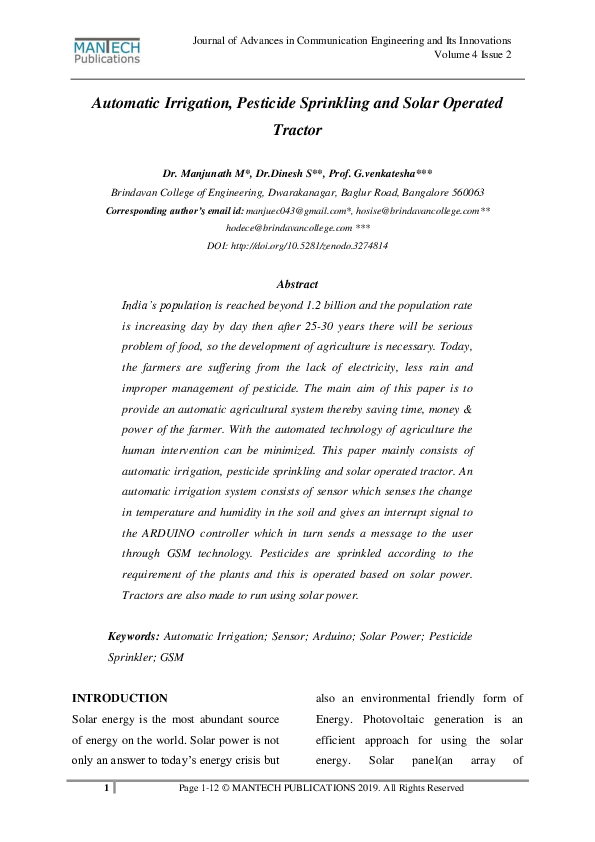 (PDF) Automatic Irrigation, Pesticide Sprinkling and Solar Operated Tractor