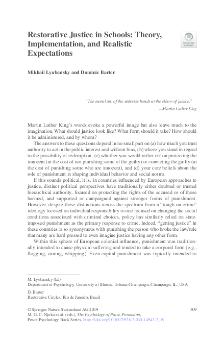 (PDF) Restorative Justice in Schools: Theory, Implementation, and Realistic Expectations