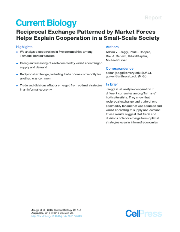 (PDF) Reciprocal Exchange Patterned by Market Forces Helps Explain ...