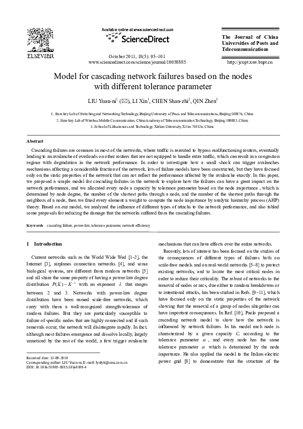 (PDF) Model for cascading network failures based on the nodes with different tolerance parameter