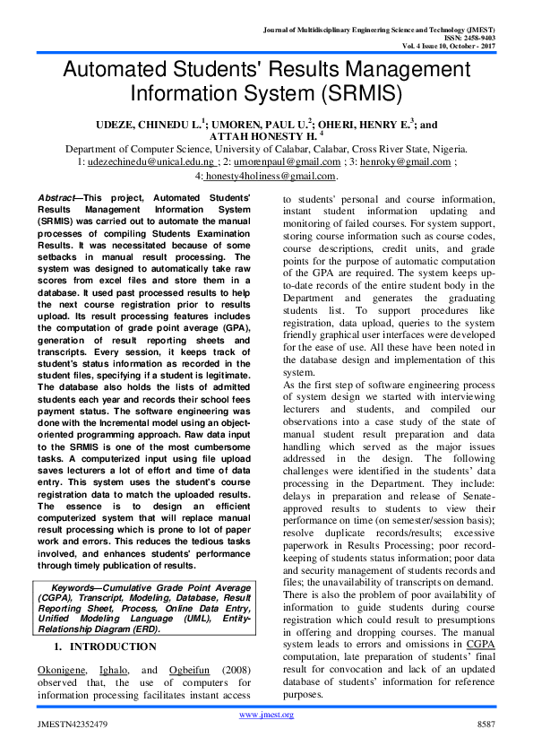 (PDF) Automated Students' Results Management Information System (SRMIS