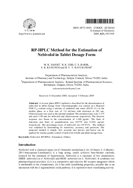 Pdf Rp Hplc Method For The Estimation Of Nebivolol In Tablet Dosage Form
