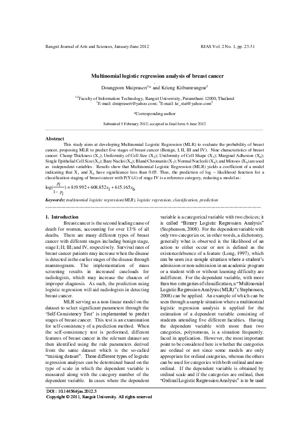 (PDF) Multinomial logistic regression analysis of breast cancer