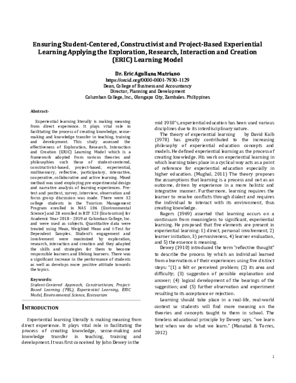 (PDF) Ensuring Student-Centered, Constructivist and Project-Based Experiential Learning Applying ...