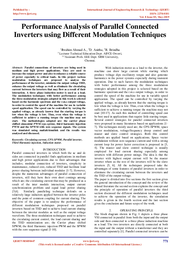 Pdf Performance Analysis Of Parallel Connected Inverters Using Different Modulation Techniques