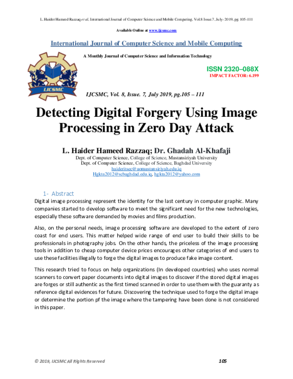 (PDF) Detecting Digital Forgery Using Image Processing in Zero Day Attack﻿