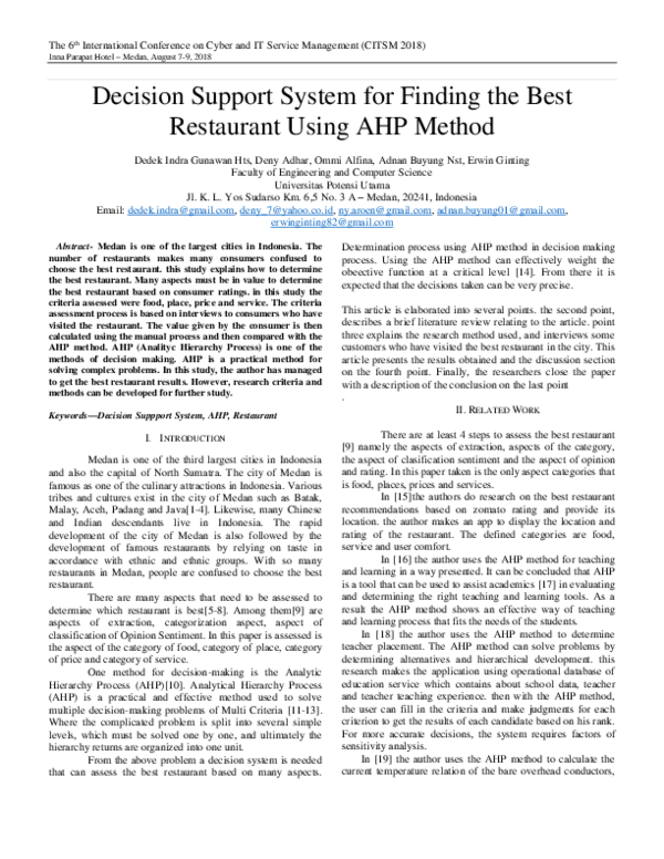 Pdf Decision Support System For Finding The Best Restaurant Using Ahp Method