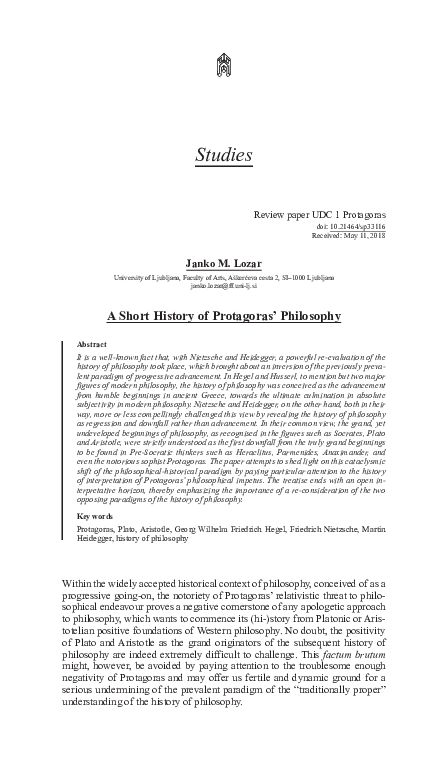 (PDF) Studies A Short History of Protagoras' Philosophy