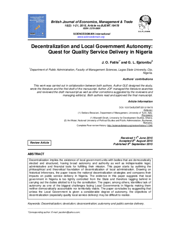 (PDF) Decentralization and Local Government Autonomy: Quest for Quality Service Delivery in Nigeria