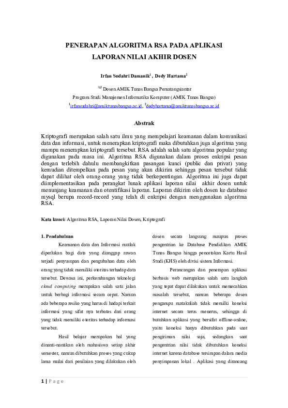 Pdf Penerapan Algoritma Rsa Pada Aplikasi Laporan Nilai Akhir Dosen
