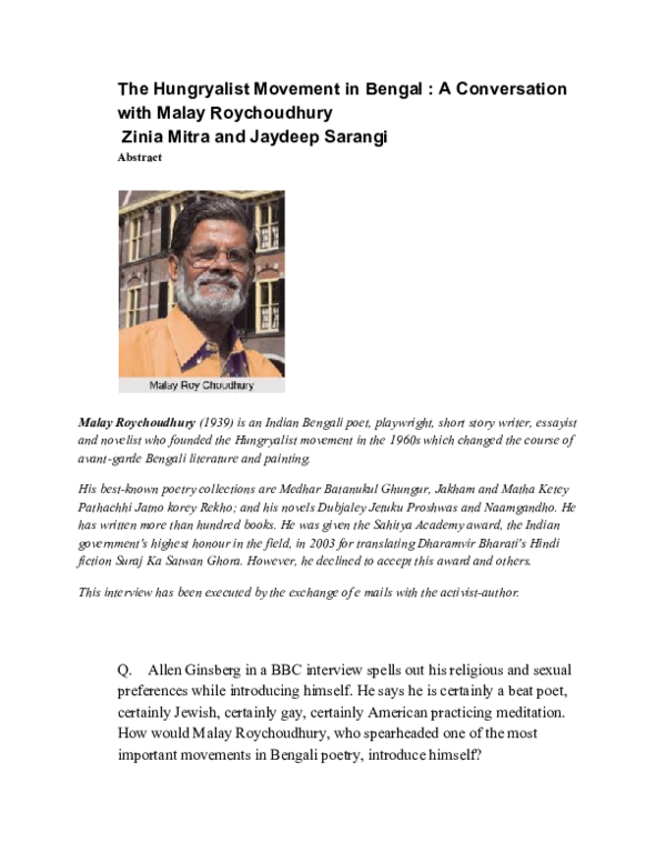 (PDF) The Hungryalist Movement in Bengal : A Conversation with Malay ...