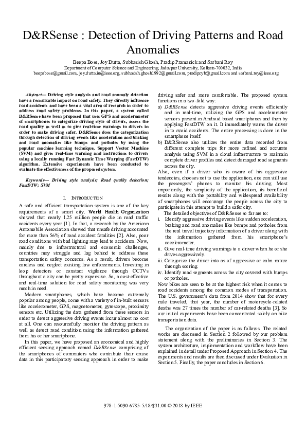 (PDF) D&RSense : Detection of Driving Patterns and Road Anomalies