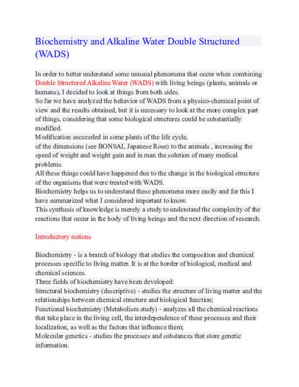 (DOC) Biochemistry and Alkaline Water Double Structured (WADS