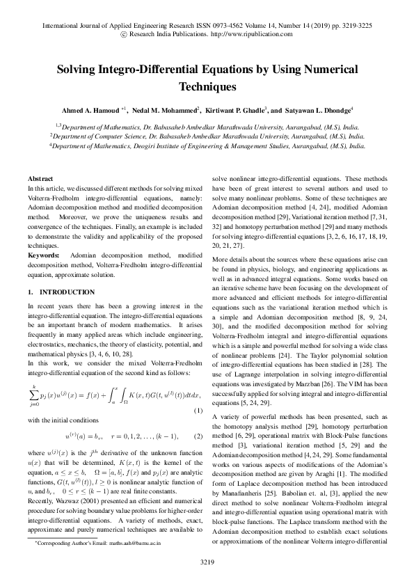 Pdf Solving Integro Differential Equations By Using Numerical Techniques