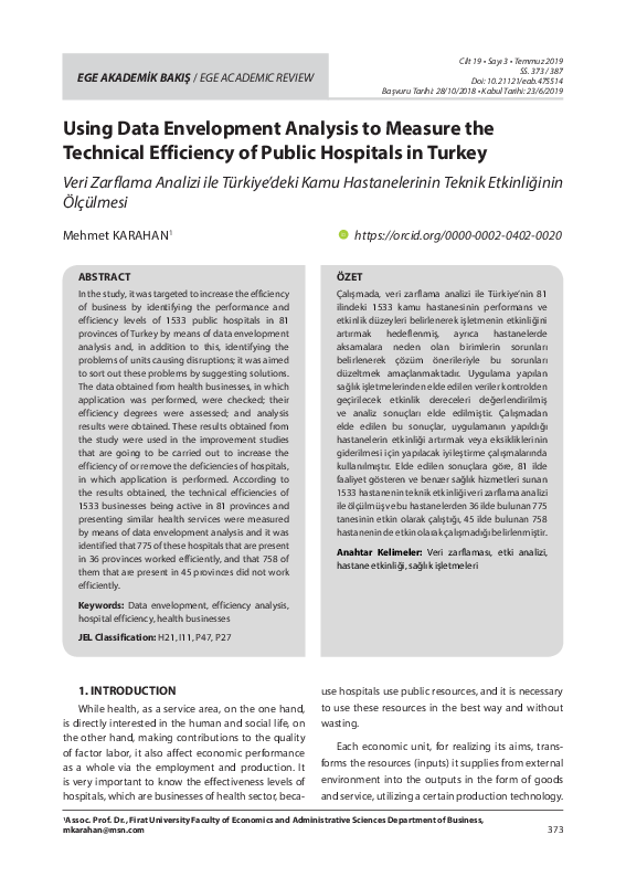 (PDF) Using Data Envelopment Analysis to Measure the Technical Efficiency of Public Hospitals in ...