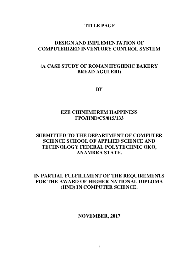 (DOC) DESIGN AND IMPLEMENTATION OF COMPUTERIZED INVENTORY CONTROL SYSTEM