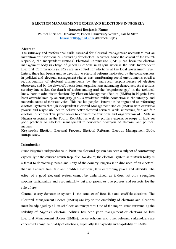 (DOC) ELECTION MANAGEMENT BODIES AND ELECTIONS IN NIGERIA