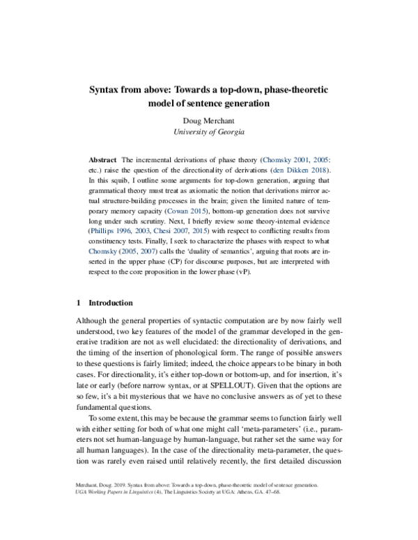 Pdf Syntax From Above Towards A Top Down Phase Theoretic Model Of Sentence Generation