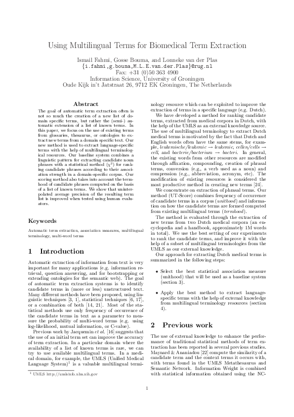 (PDF) Using multilingual terms for biomedical term extraction