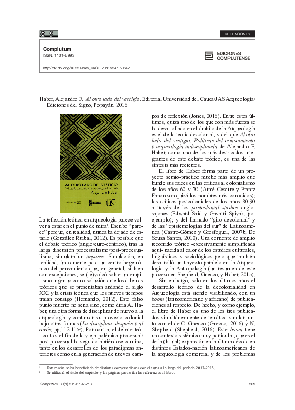 (PDF) Reseña. Al otro lado del Vestigio de Alejandro Haber