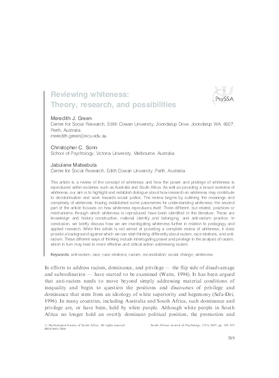 (PDF) Reviewing Whiteness: Theory, Research, and Possibilities