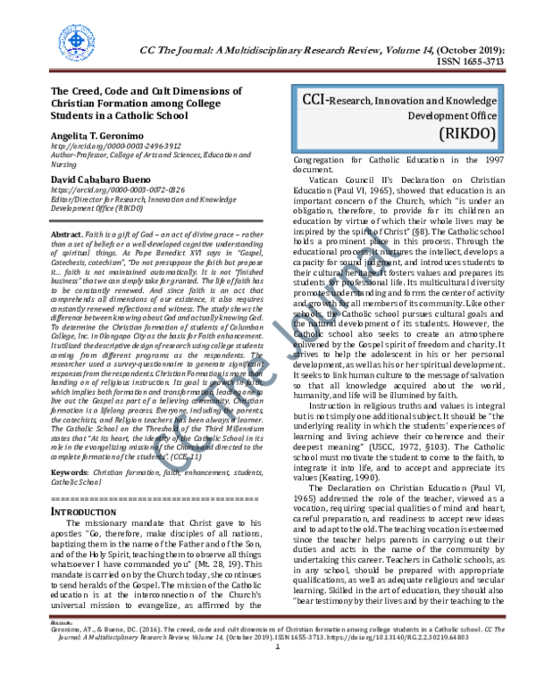 (PDF) The creed, code and cult dimensions of Christian formation among ...